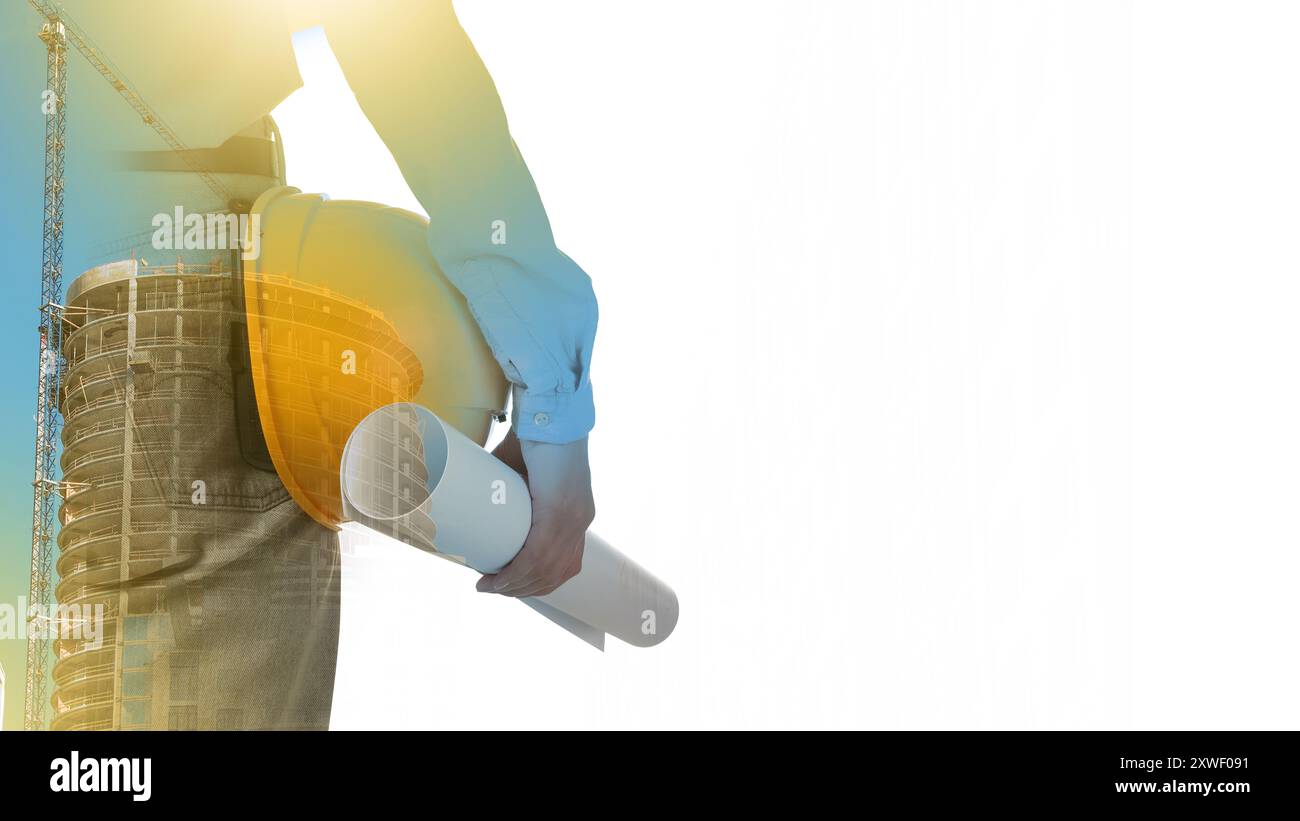 Engineer and unfinished building on white background, double exposure ...