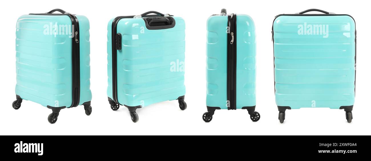 Set of turquoise suitcase on white background, view from different ...