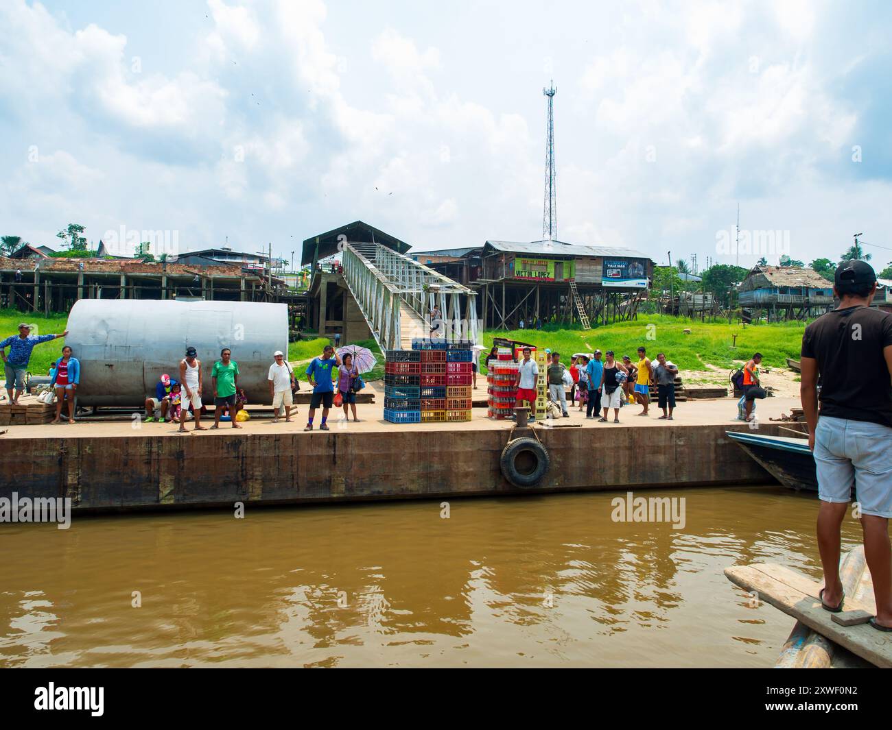 Pebas, Peru- Sep, 2017: Floating port on the bank of the Amazon river ...