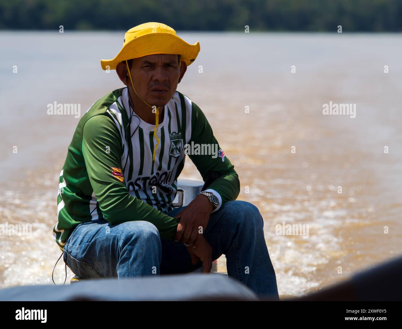 Jungle, Brazil - Dec, 2017: Portrait of a man with a red skin in the ...