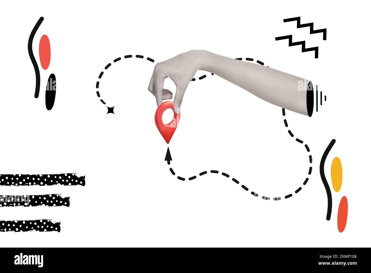 Woman hand holding a location mark on a white background with a dotted ...