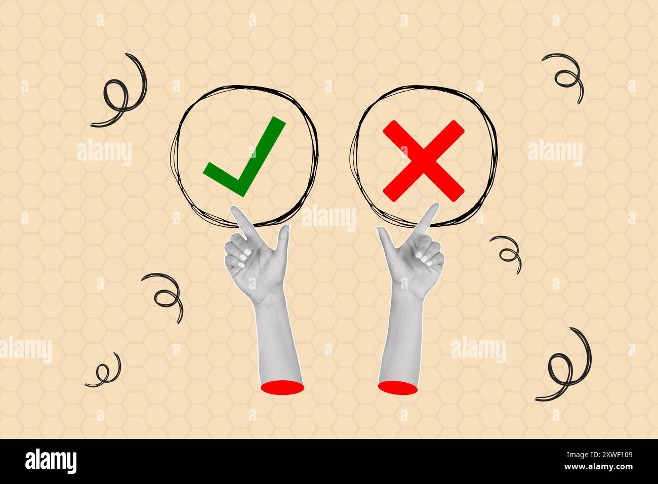 Woman hands pointing a green check mark and a red cross mark inside ...