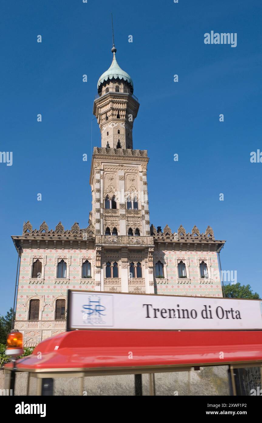 kid's train passing in front of Villa Crespi Hotel in Orta San Giulio ...