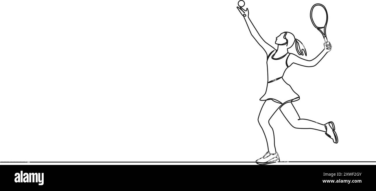 continuous single line drawing of female tennis player serving the ball ...