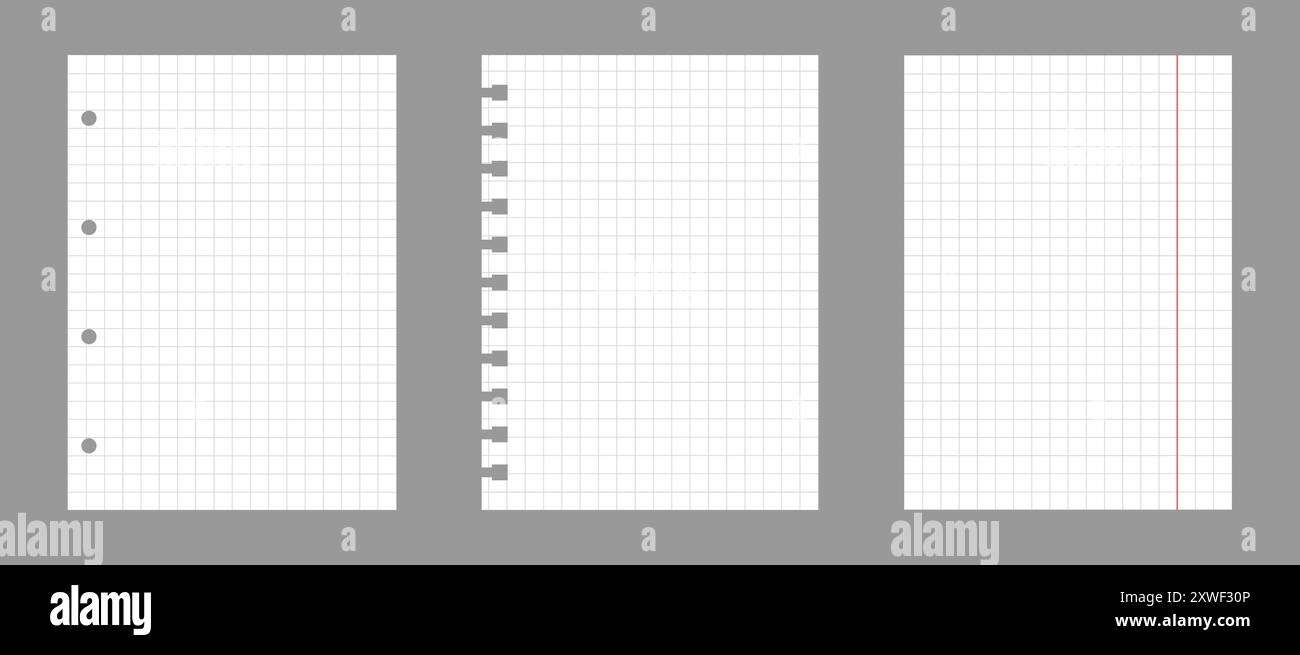 Set of notebook sheets isolated on gray background. Realistic white blanks of checkered paper ...