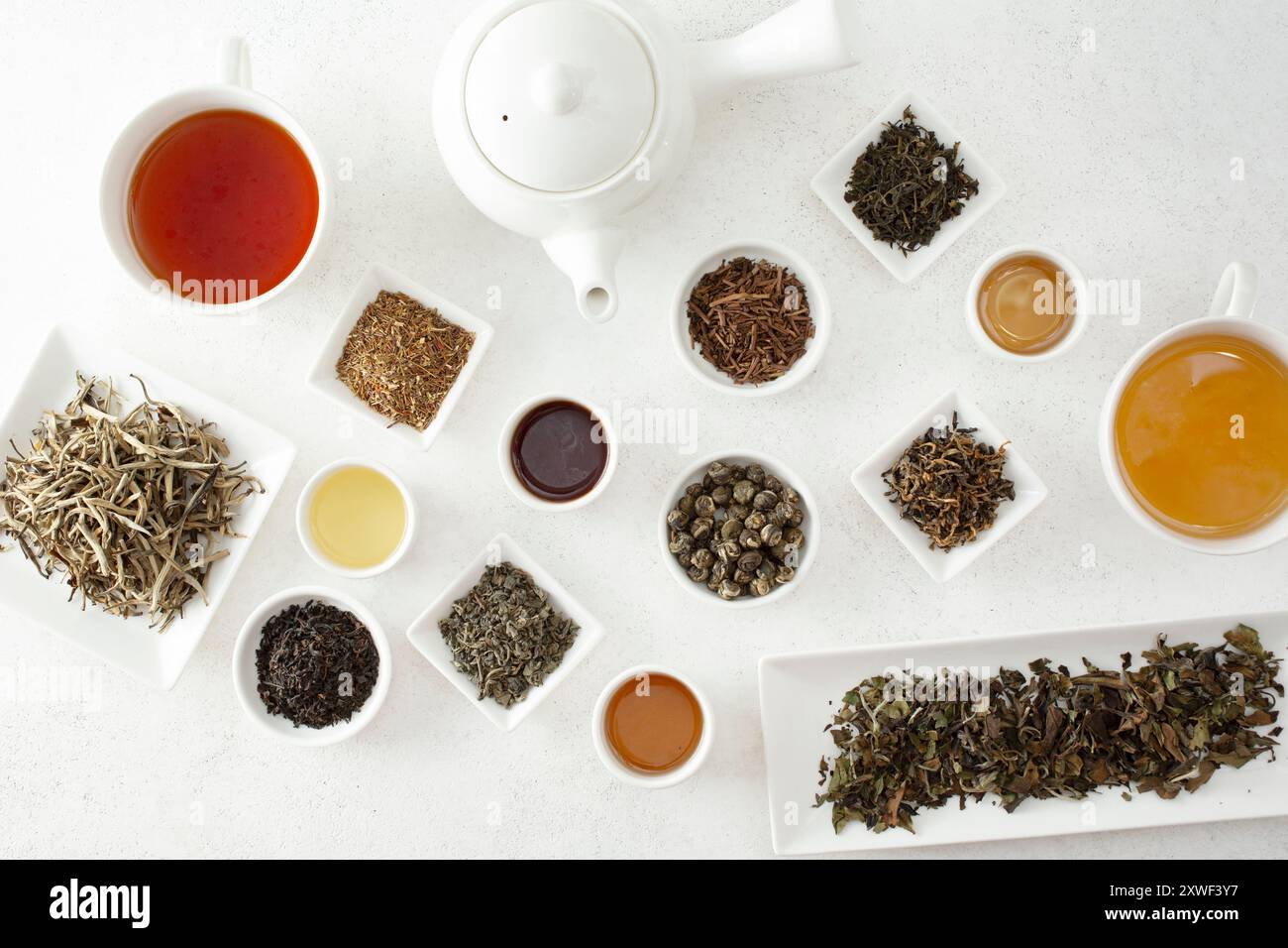 A top down view of assorted loose leaf tea and tea liquor Stock Photo ...