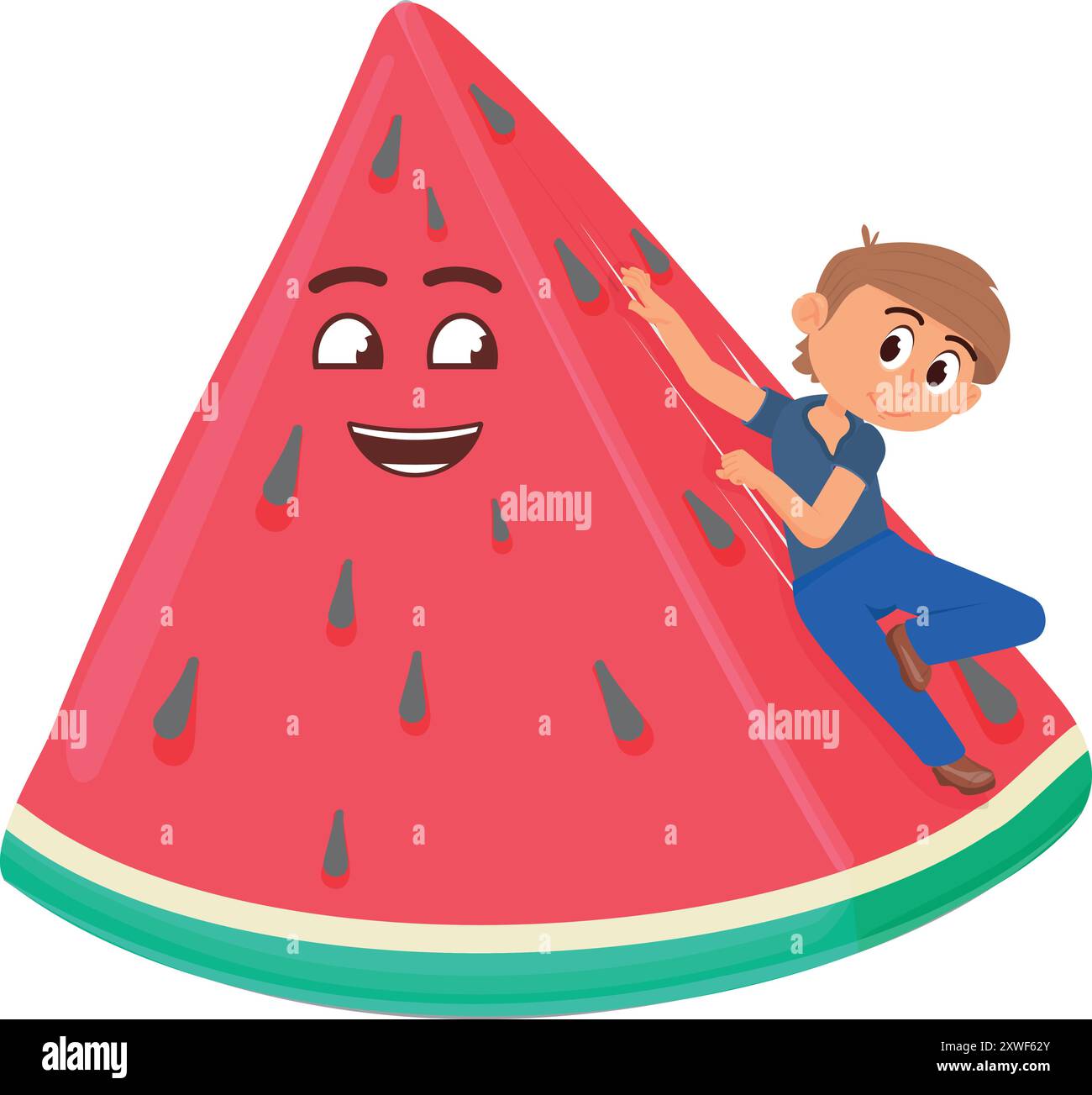 Kid playing with big watermelon slice cartoon characters Stock Vector ...