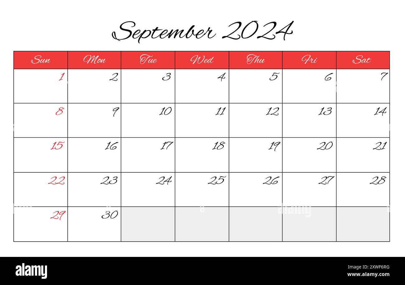 September 2024 ENGLISH month calendar. Vector printable illustration ...