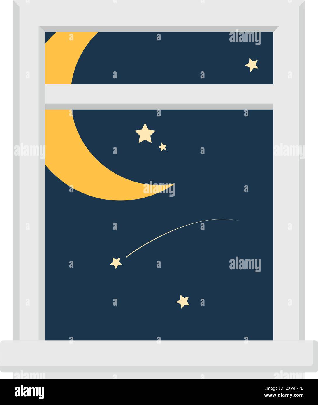 Night sky in window frame. Crescent and stars in dark. Interior view ...