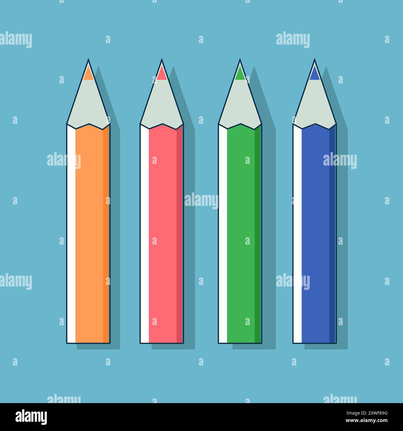 Four coloured pencils on a blue isaline background. Orange and red ...