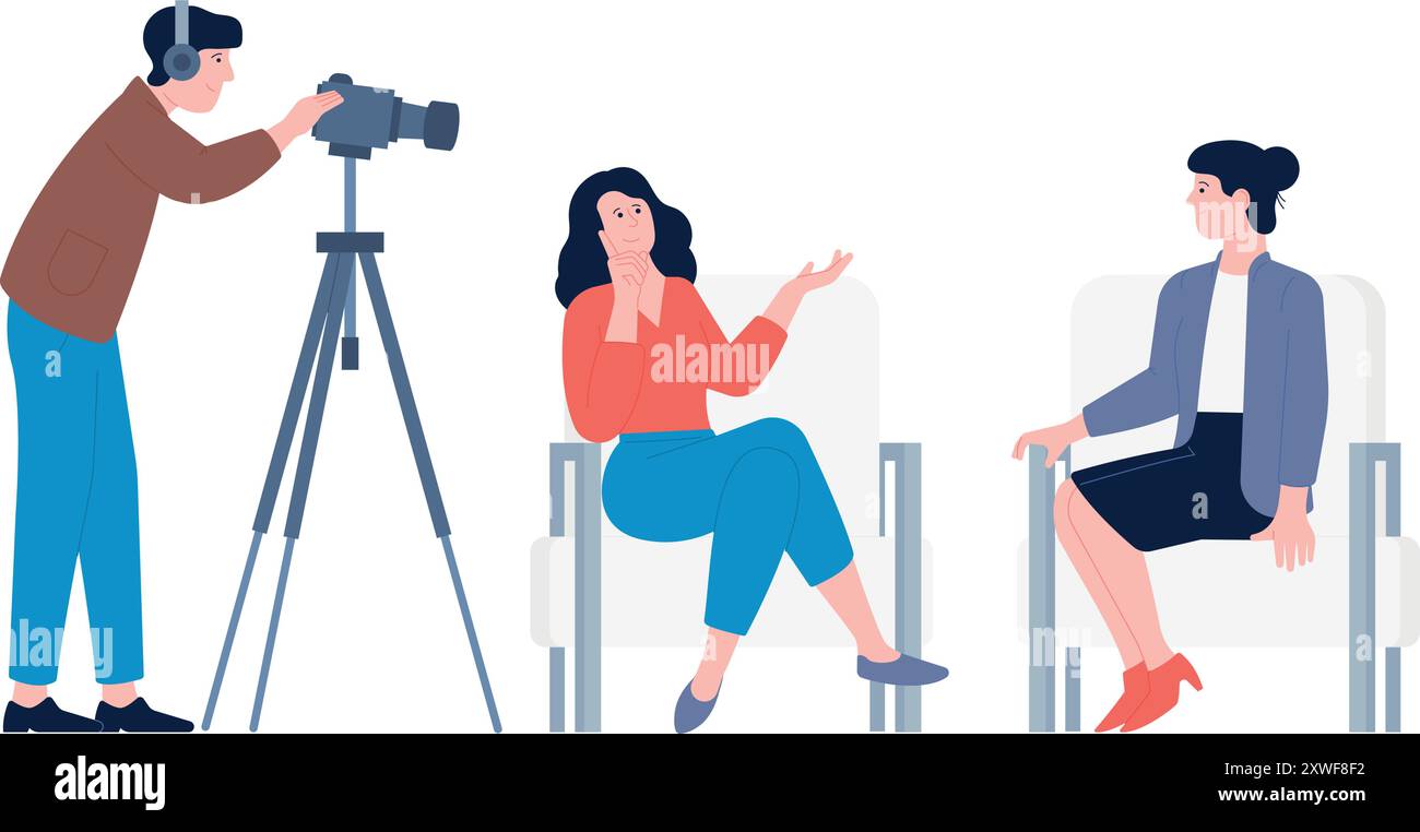 Interview studio. Operator with video camera shooting women talking ...
