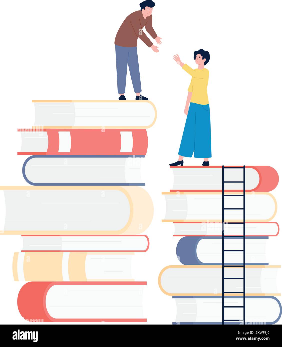 Man help woman to climb on book stack. Education progress Stock Vector Image & Art - Alamy