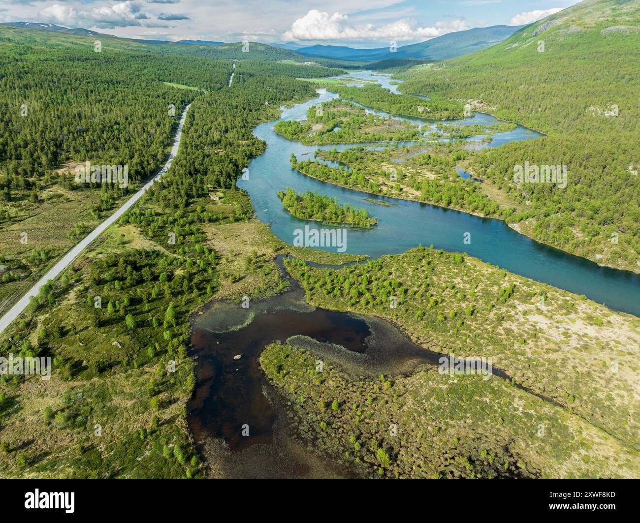 The widely branching arms of river Sjoa, upper valley of river Sjoa ...