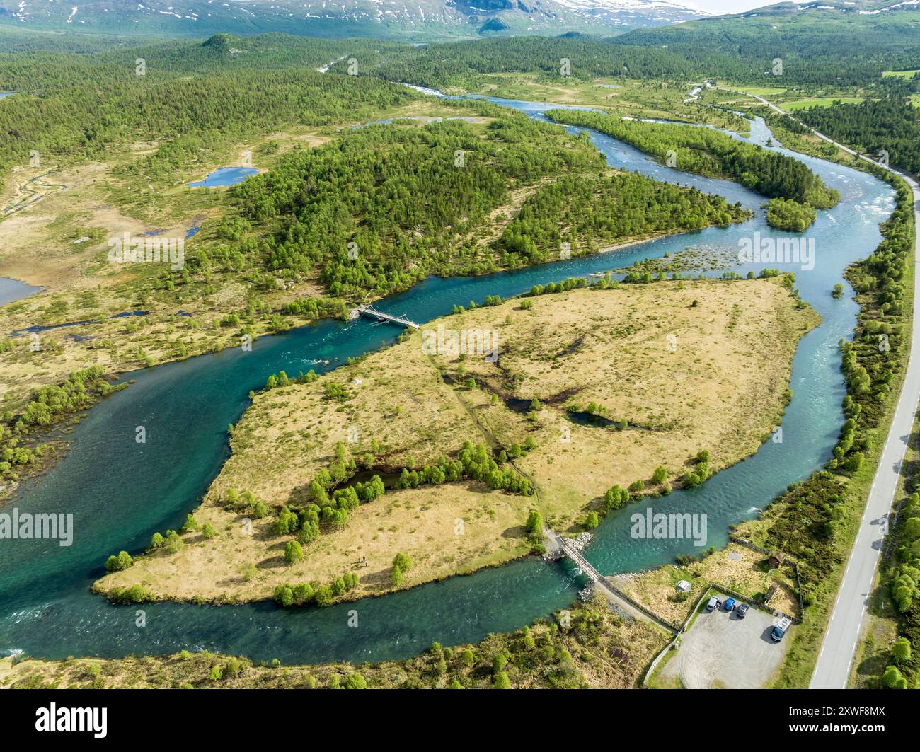 Parking lot at hiking path Hulderstigen, widely branching arms of river ...