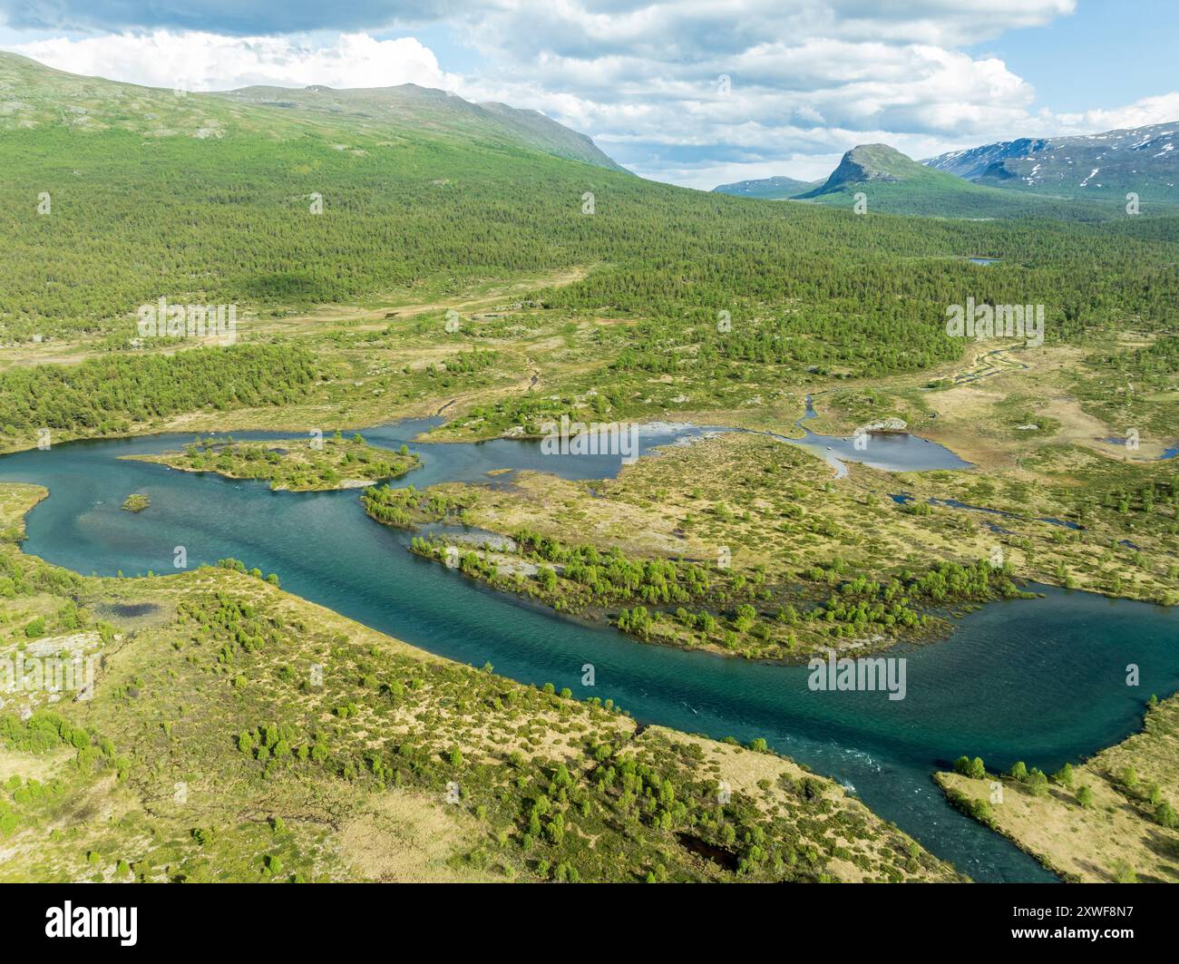 The widely branching arms of river Sjoa, upper valley of river Sjoa ...
