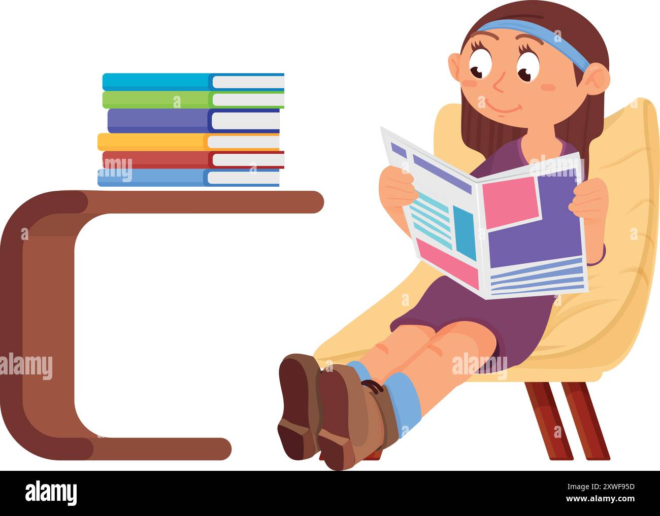 Girl reading magazine. Resting child cartoon character Stock Vector ...