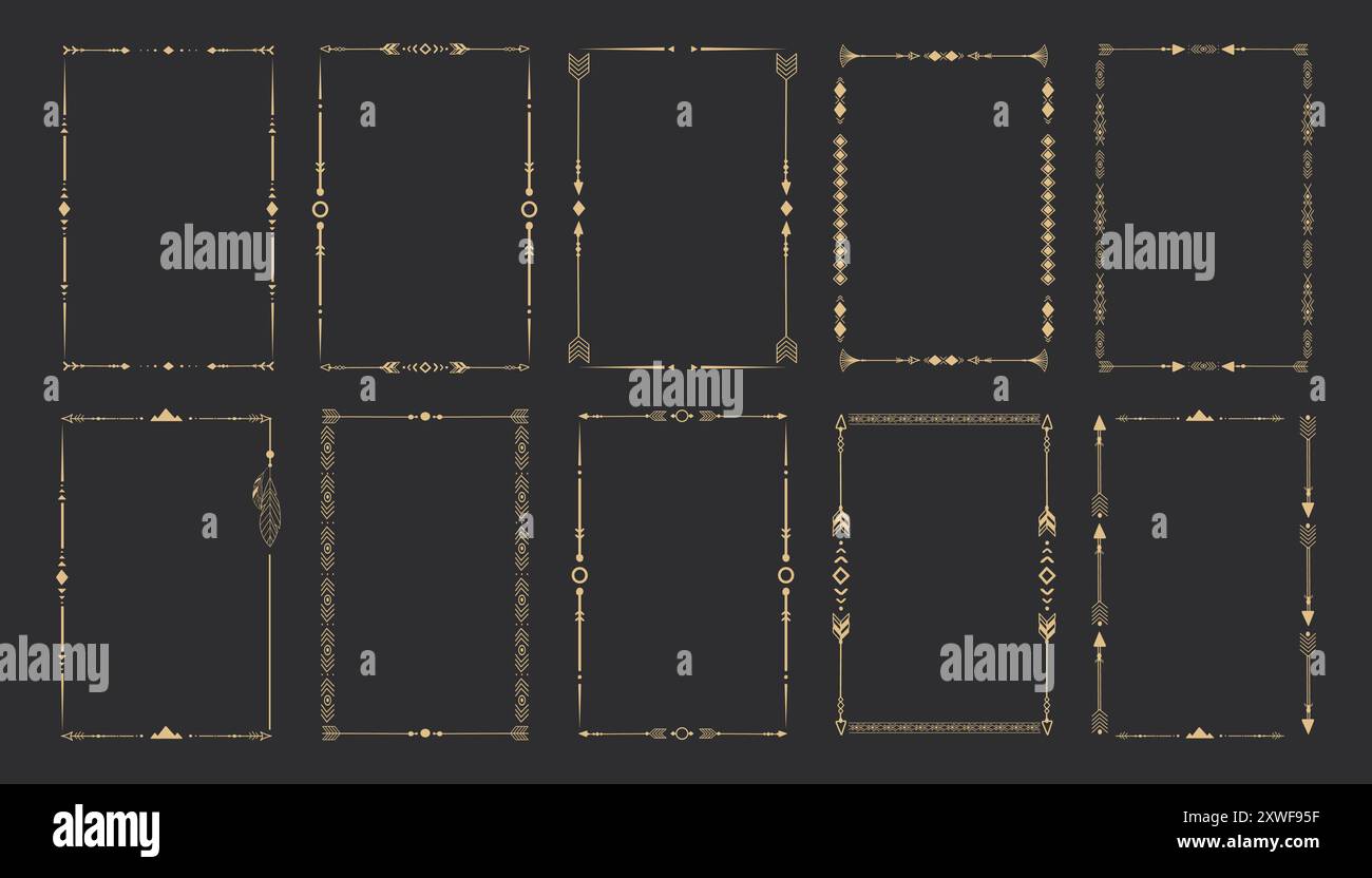 Gold frame set with tribal native indian arrow, ornament. Border thin ...