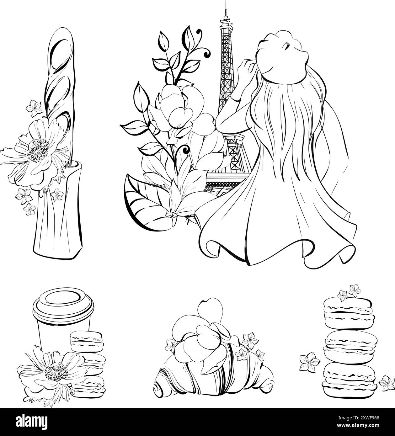 Vector set with Eiffel Tower, Parisian woman, Paper cup of coffee ...