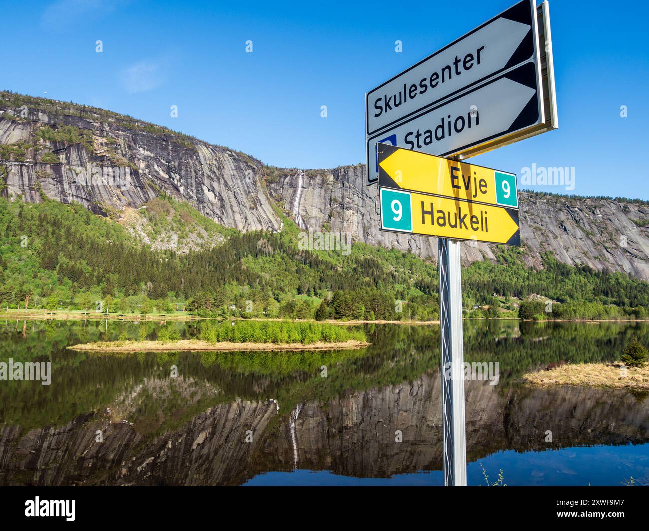 Norwegian road signs in the direction of Evje and Haukeli, at village ...