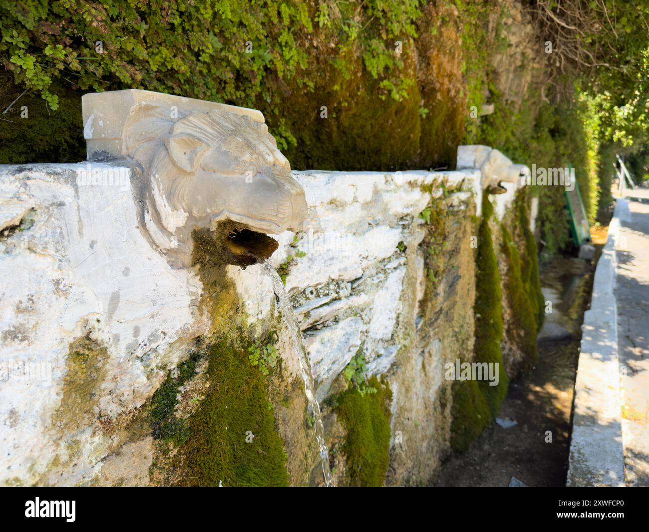 Greece, spring water flows from a sculpted marble stone lion mouth ...