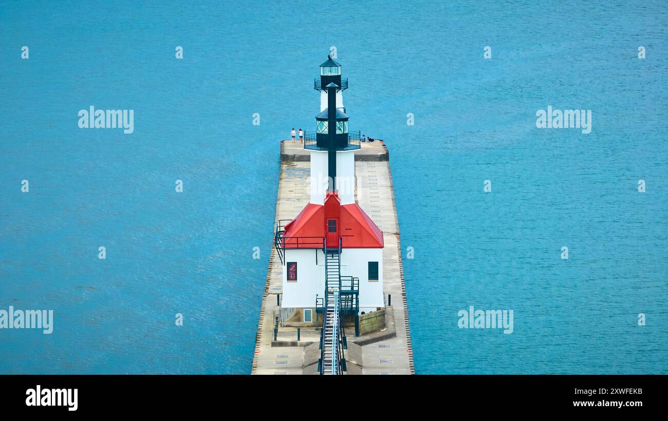 Aerial View of St. Joseph North Pier Lighthouse on Calm Lake Michigan ...