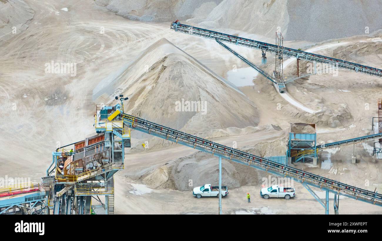Aerial View of Industrial Sand Quarry with Conveyor Belts and Workers ...