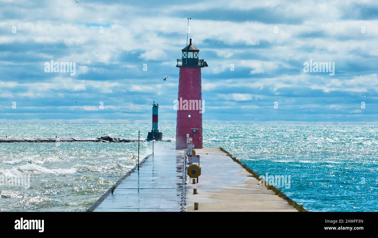 Red and White Lighthouses on Windy Pier Aerial View Stock Photo - Alamy
