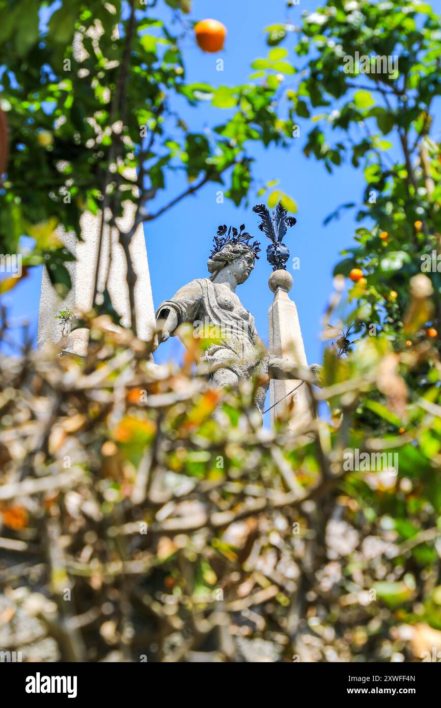Statues, pillars and columns seen through the foliage in the ornate ...