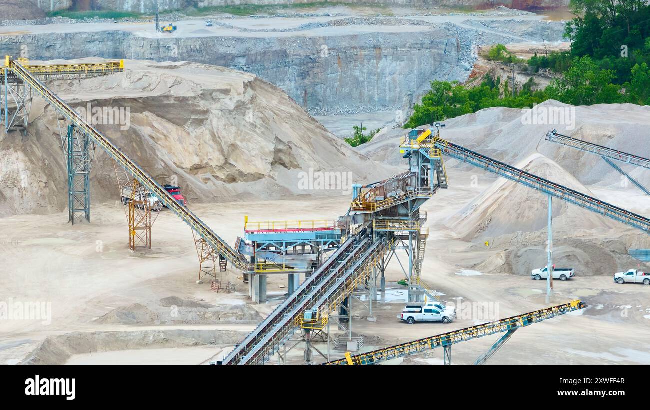 Aerial Fly Through Industrial Quarry with Conveyor Belts and Heavy ...