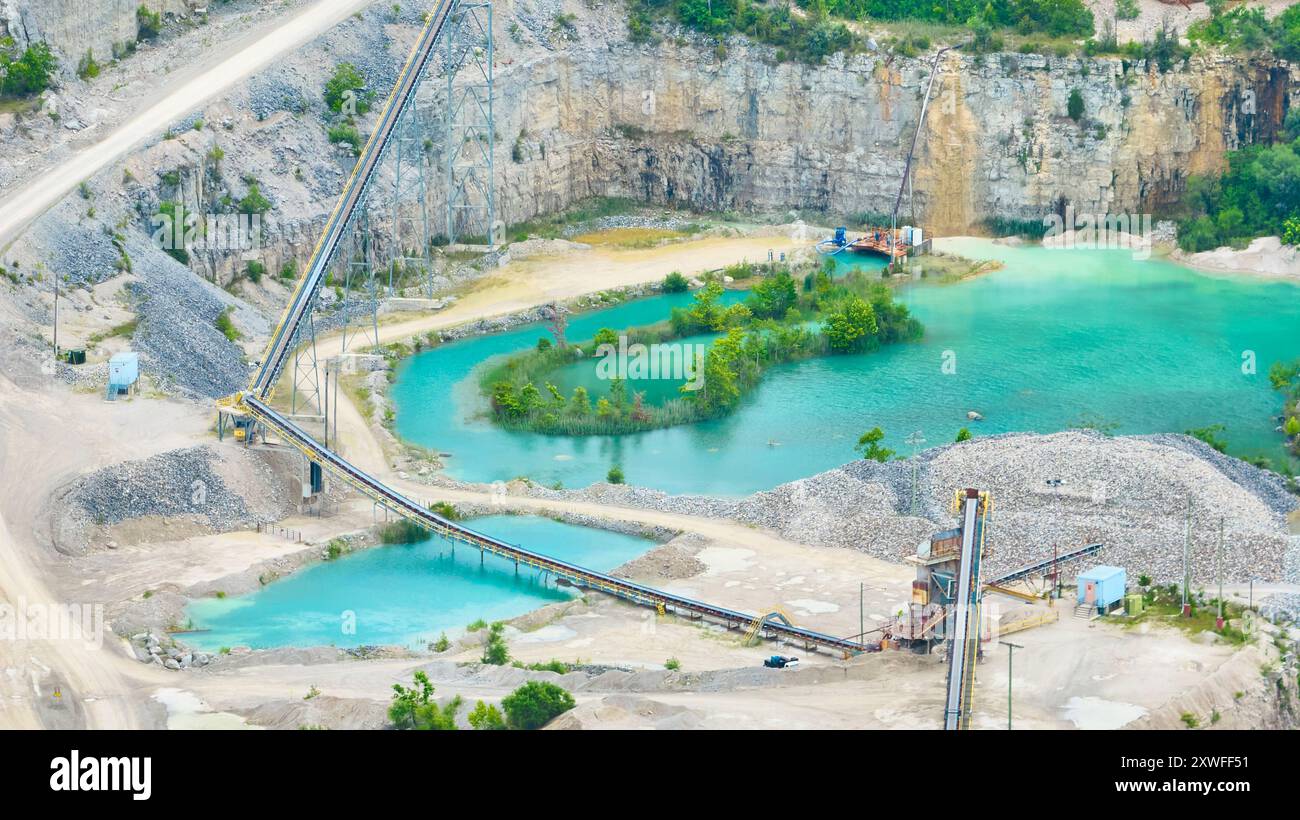 Aerial View of Industrial Quarry with Turquoise Water and Conveyor ...