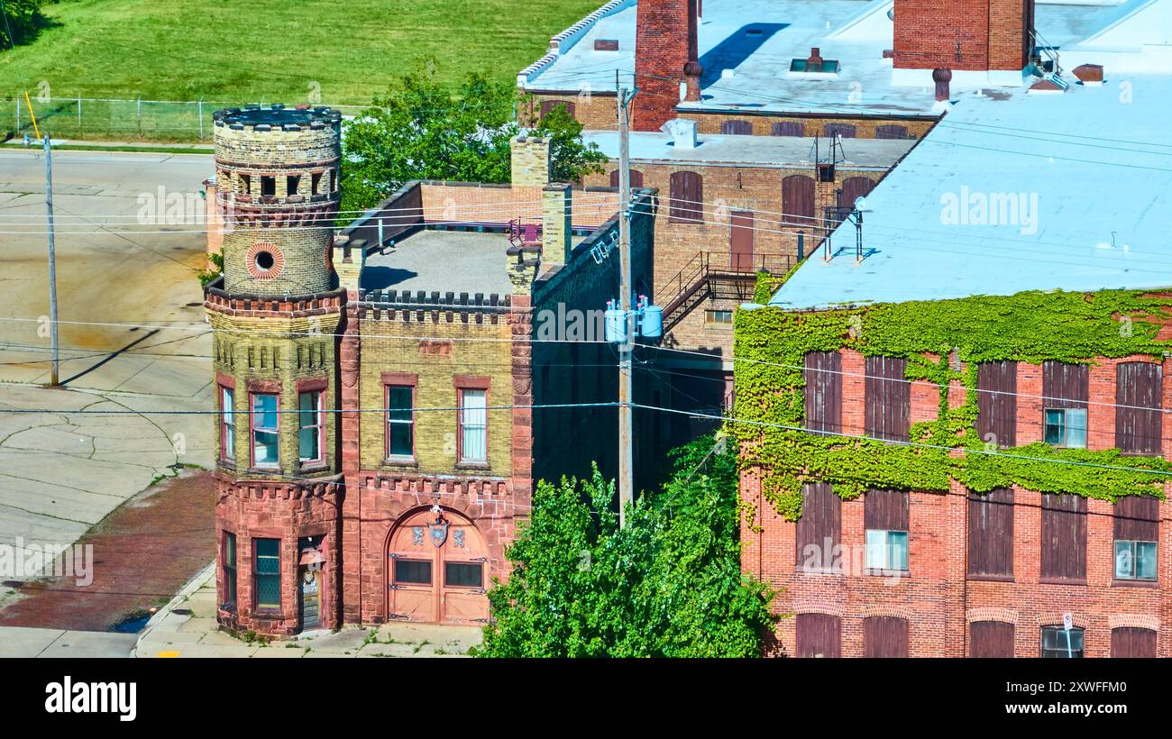 Aerial View of Historical Brick Buildings with Ivy in Racine Wisconsin ...