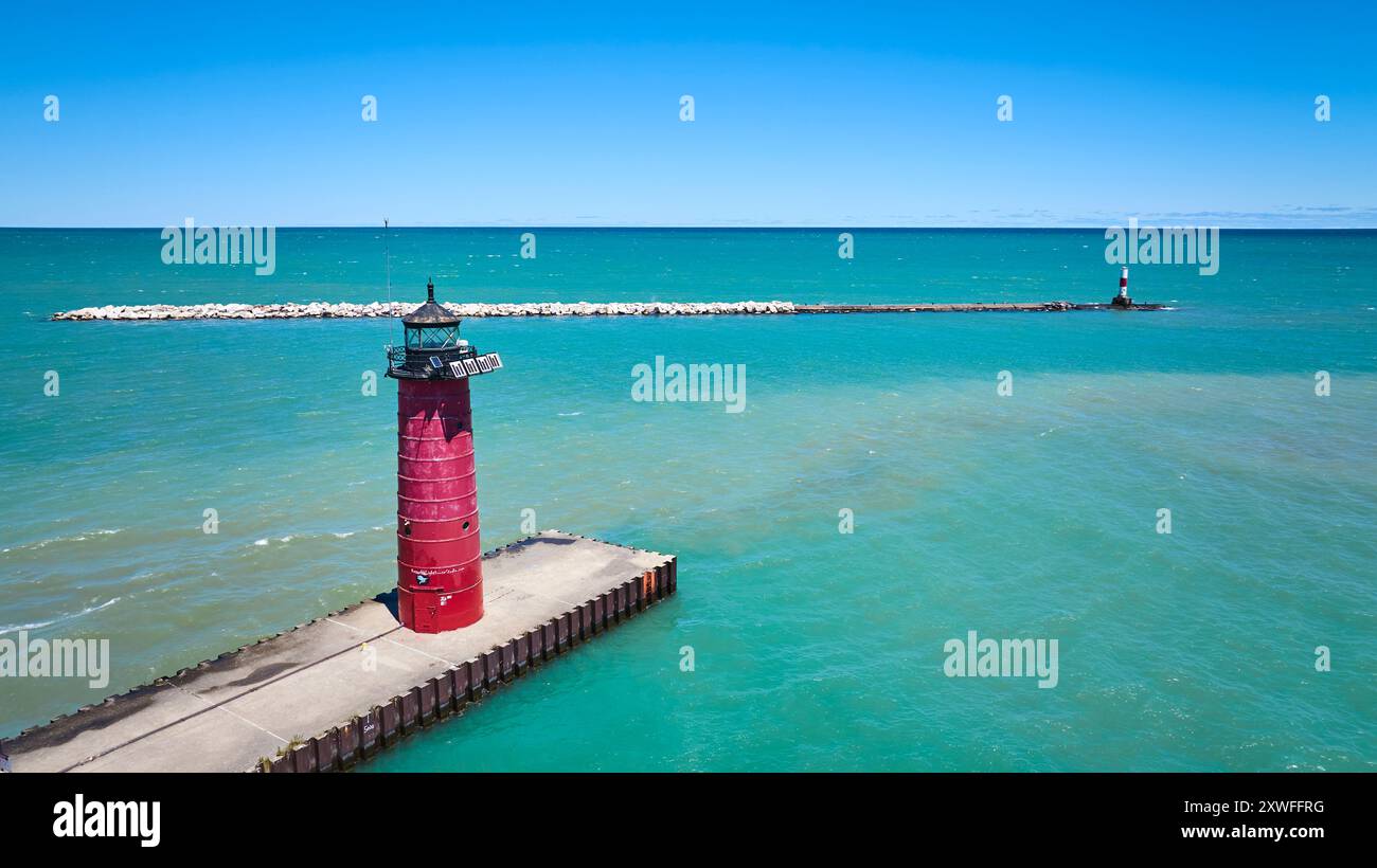 Aerial View of Two Lighthouses Guiding Ships into Harbor Stock Photo ...