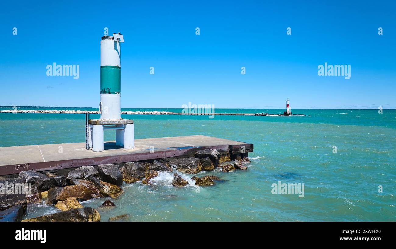 Aerial Fly Over Dual Lighthouses on Lake Michigan Pier Stock Photo - Alamy