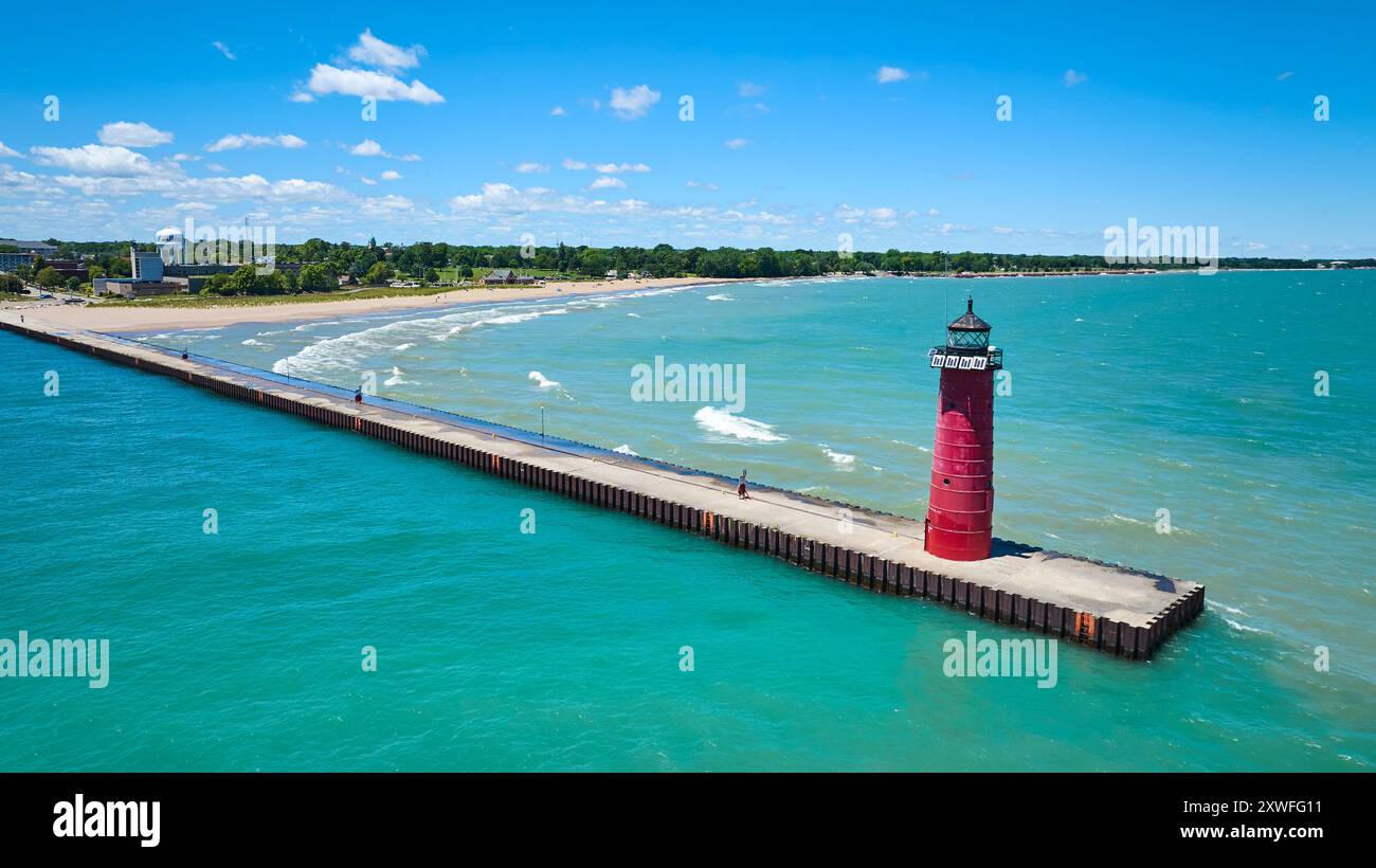Aerial View of Red Lighthouse and Pier on Lake Michigan Stock Photo - Alamy