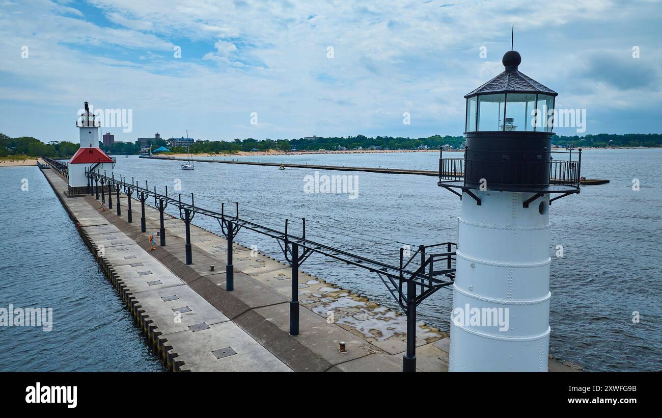 Aerial View of Twin Lighthouses on North Pier at Lake Michigan Stock ...