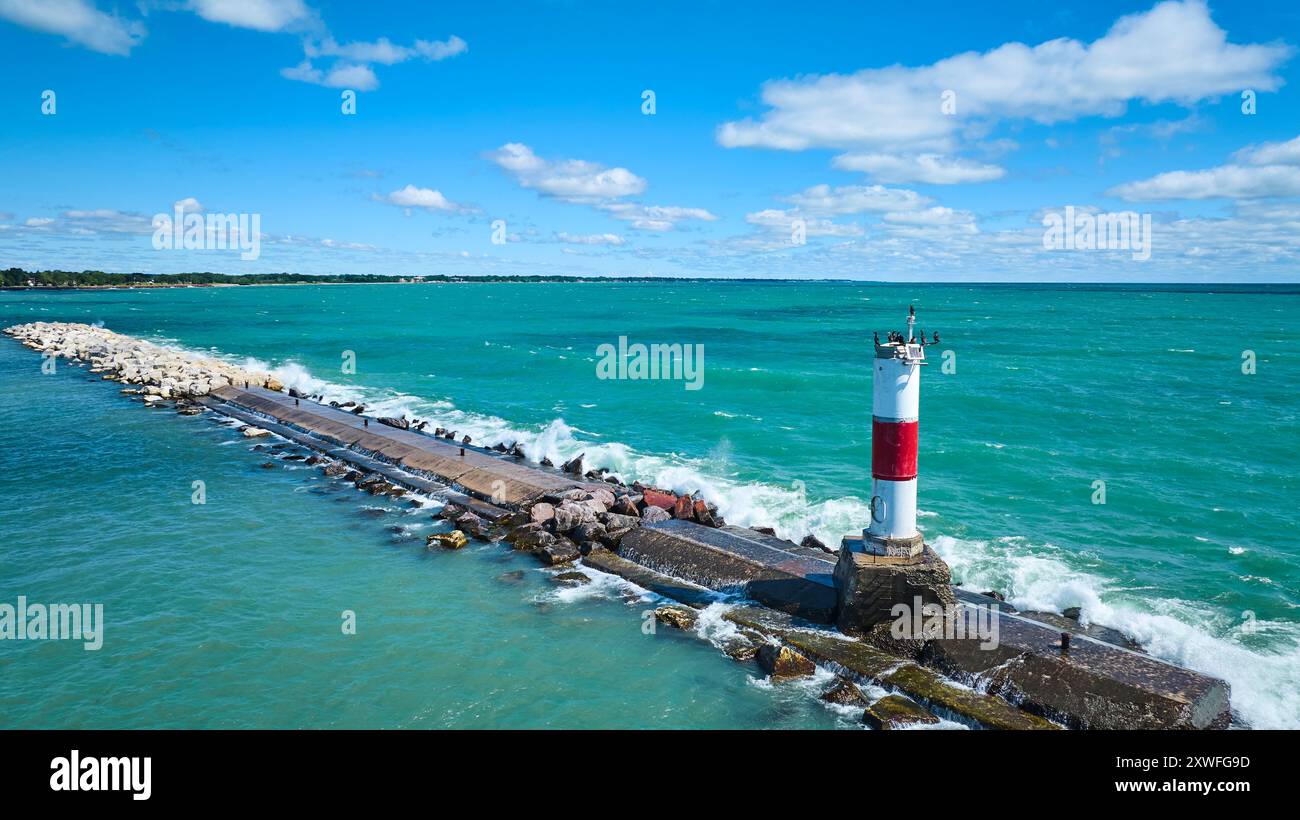 Aerial View of Kenosha Lighthouse on Breakwater in Turquoise Lake ...