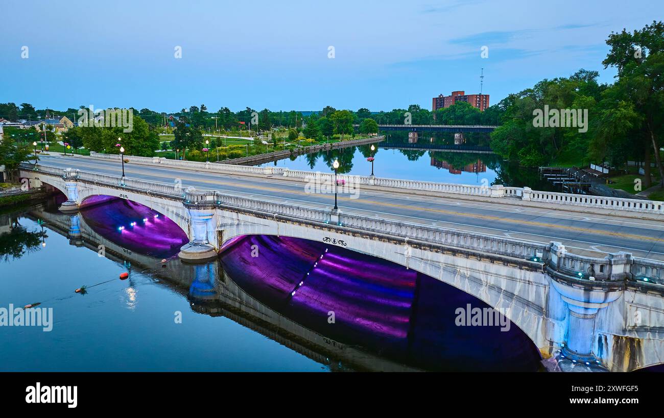 Aerial View of Serene Urban Bridge with Purple and Blue Lights in South ...