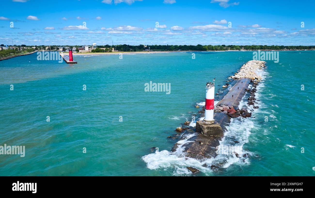 Aerial View of Dual Lighthouses on Lake Michigan Coastline Stock Photo ...