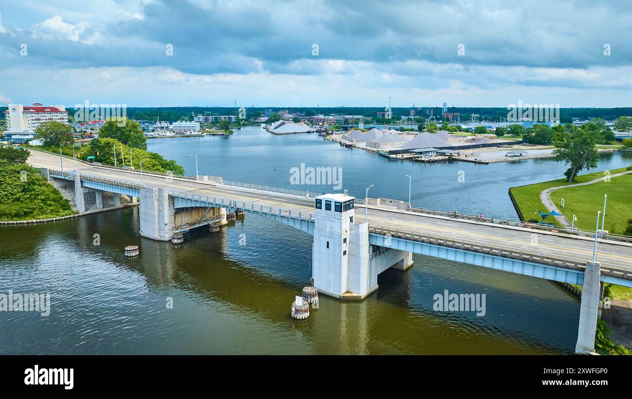 Aerial View of Drawbridge with Bicyclists over St. Joseph River Stock ...