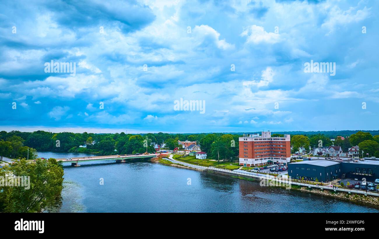 Aerial View of Mishawaka Riverside Town with Bridge and High-Rise ...