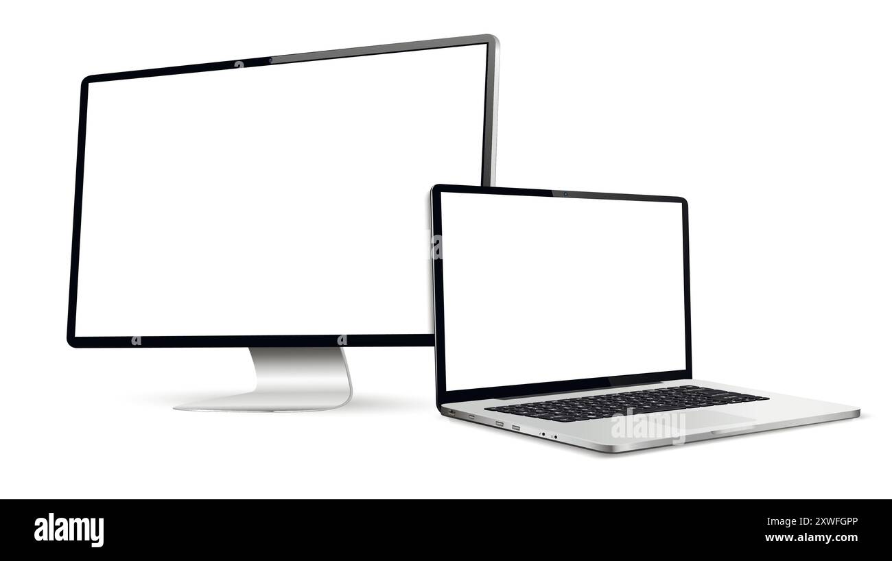 Realistic laptop mockup and computer display with blank screen isolated ...