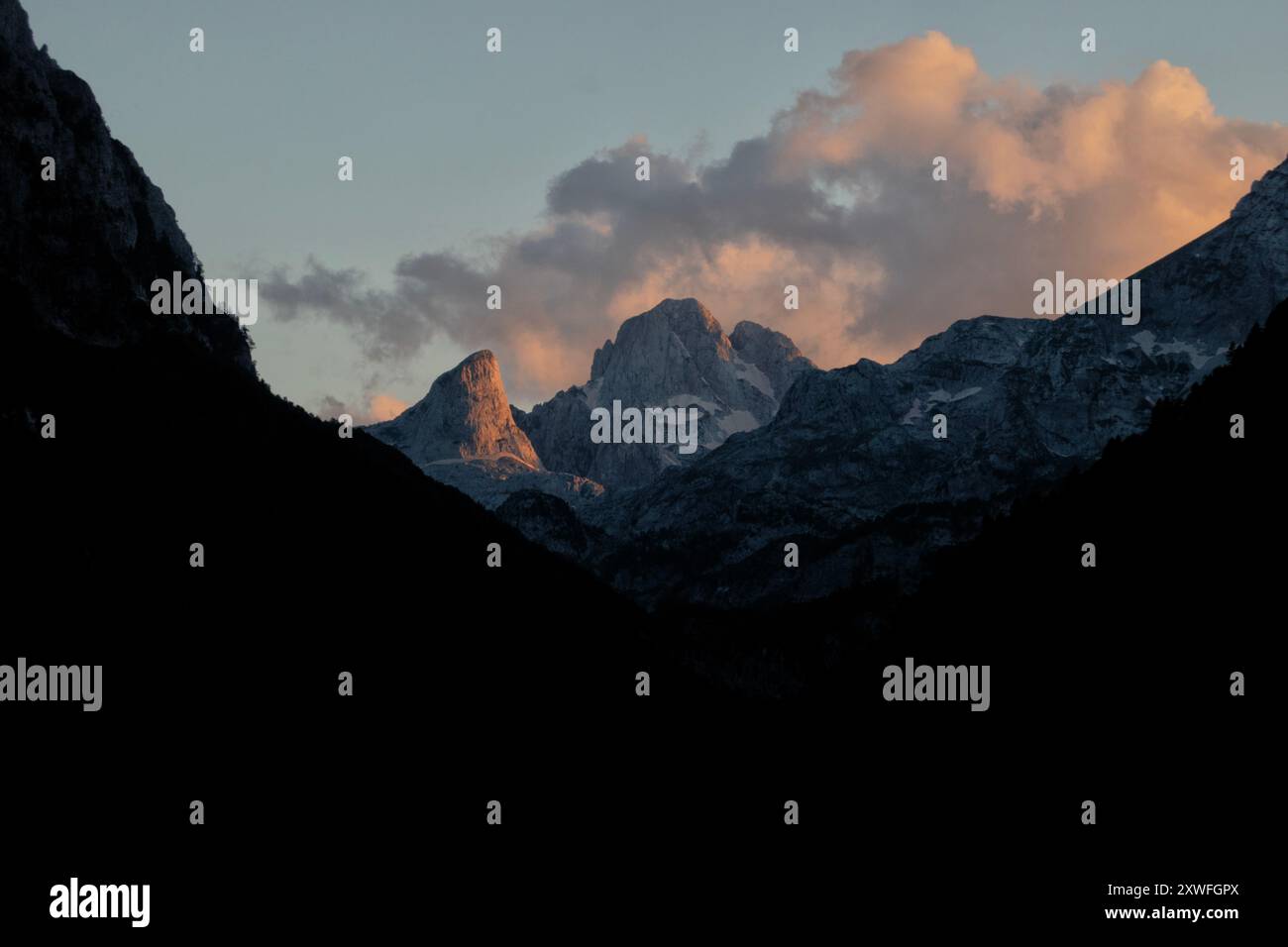 Maja E Harapit, the Albanian Matterhorn, seen from the Ropojana Valley ...