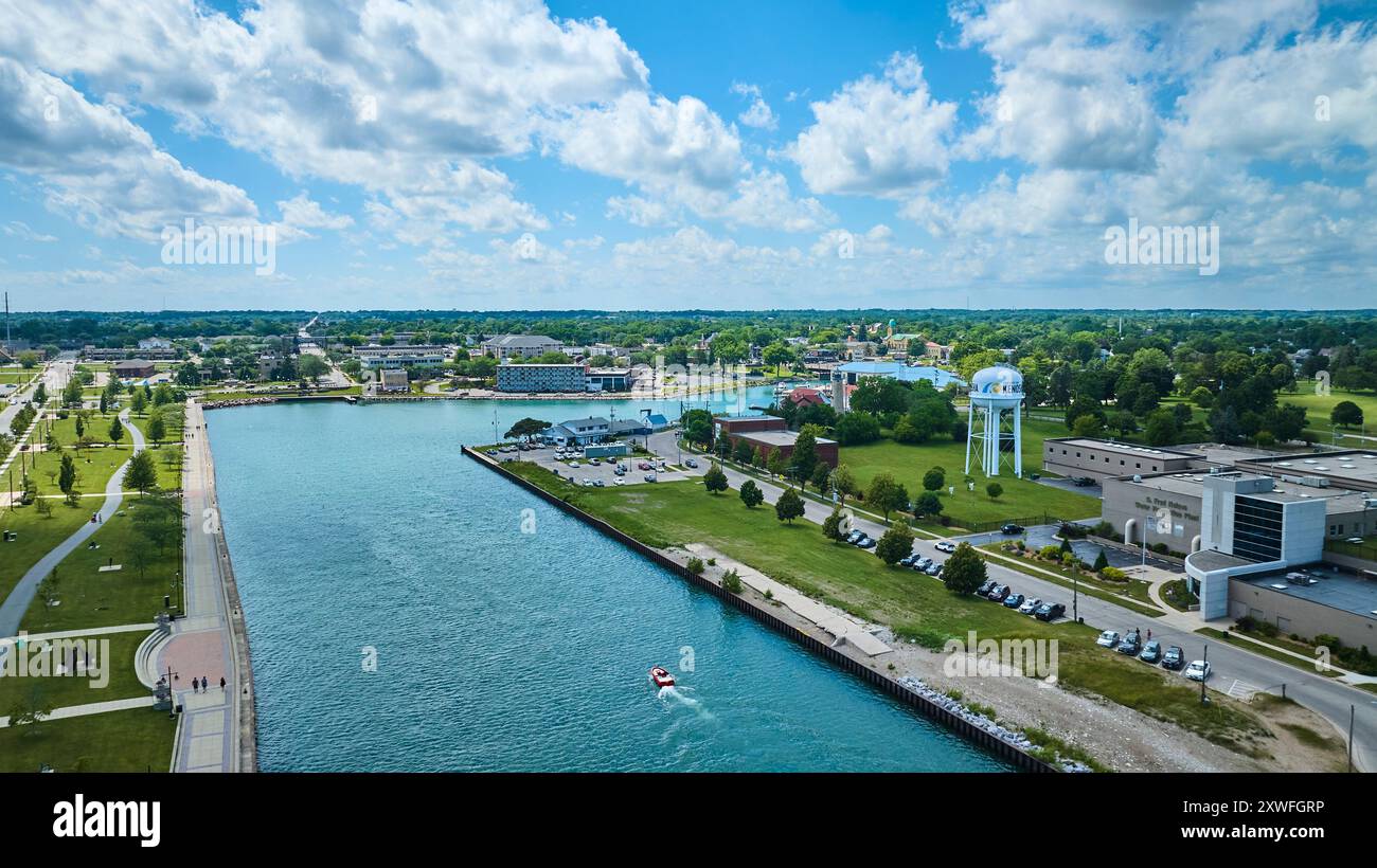 Aerial Flyover of Kenosha Harbor with Water Tower and Parks Stock Photo ...