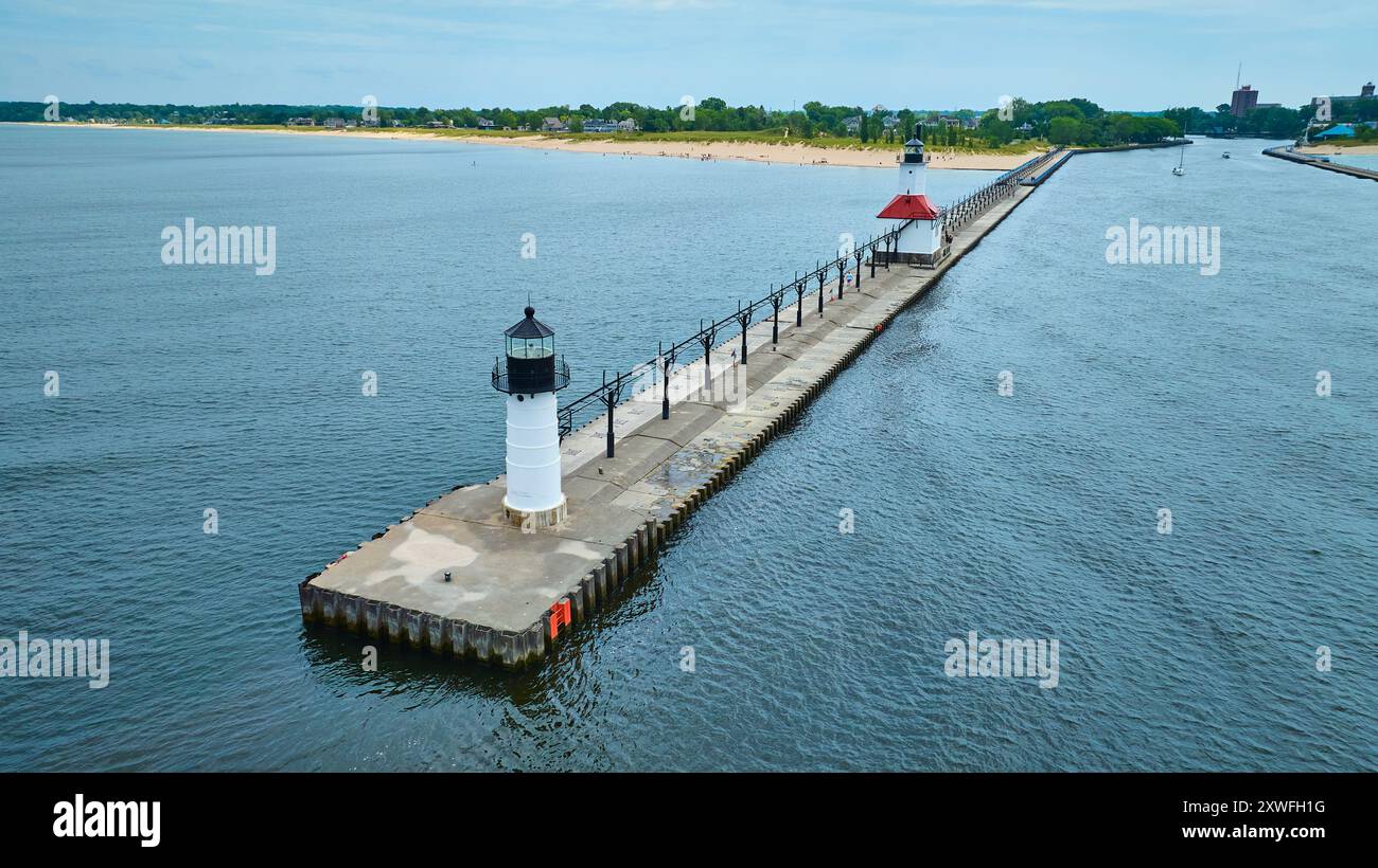 Aerial View of Twin Lighthouses on North Pier in Benton Harbor Stock ...