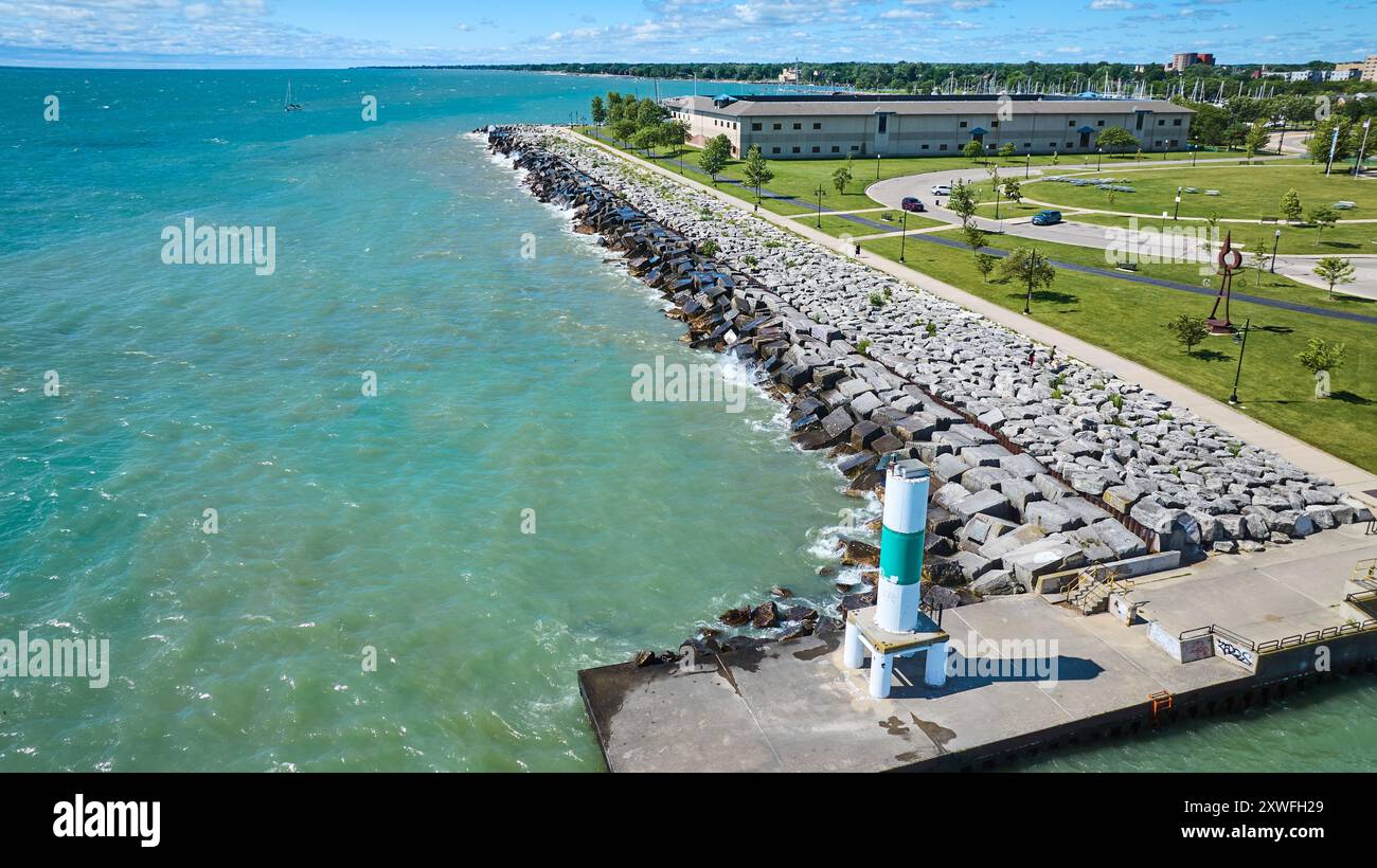 Aerial View of Lighthouse Breakwater and Green Space on Lake Michigan ...