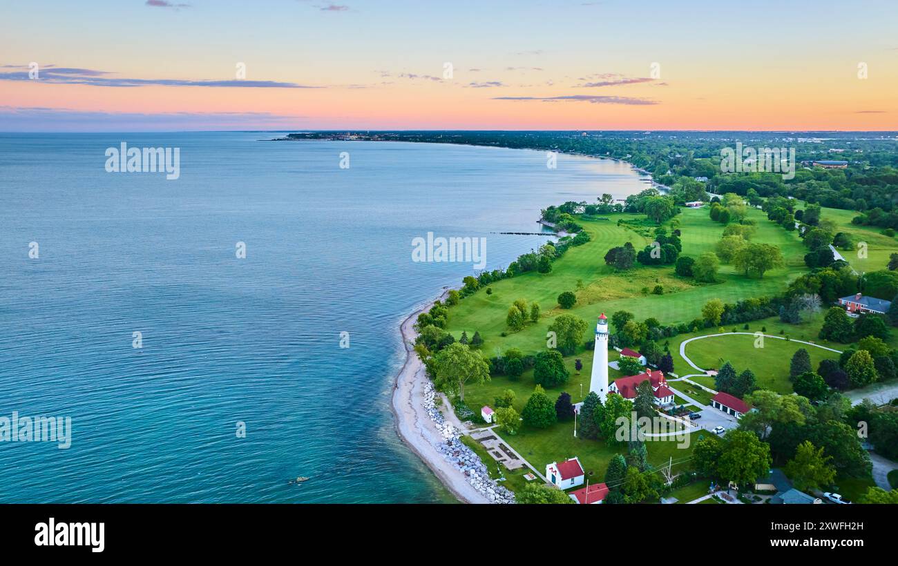 Aerial View of Wind Point Lighthouse at Sunset in Wisconsin Stock Photo ...
