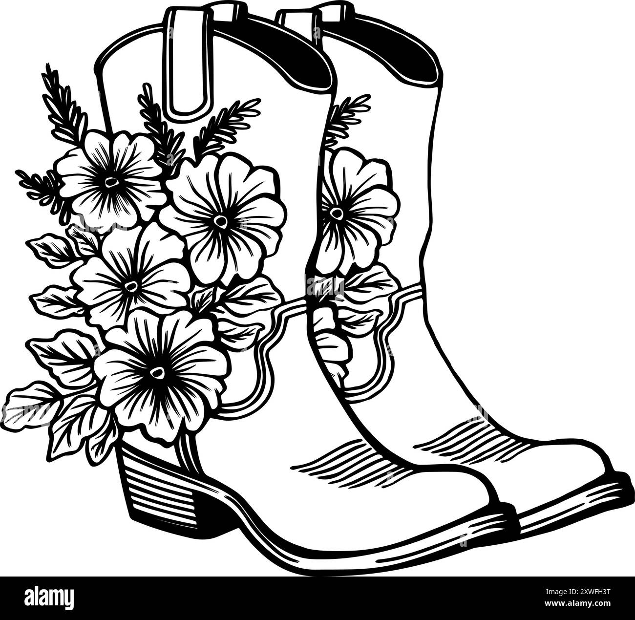 Western boots doodle outlines. Floral cowboy boots line art Stock ...