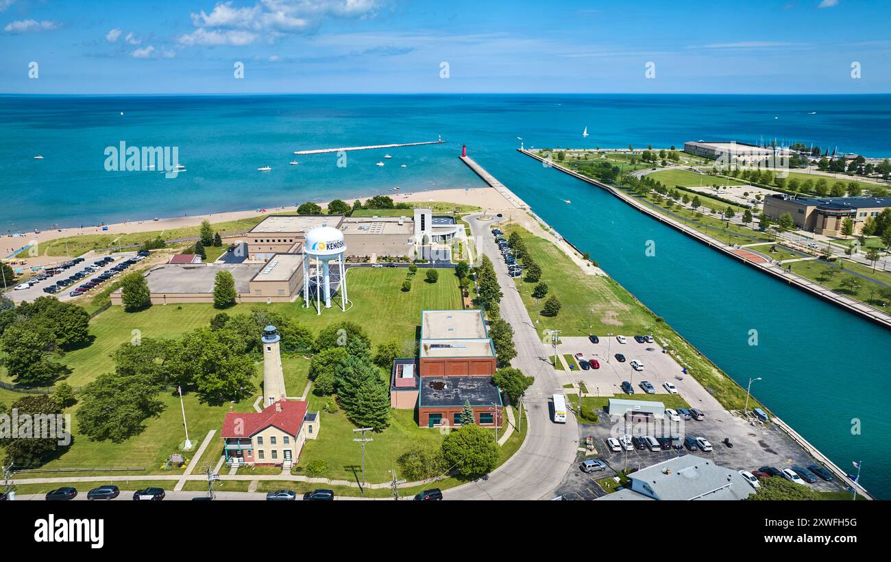 Aerial View of Kenosha Lighthouse Water Tower and Canal on Sunny Day ...