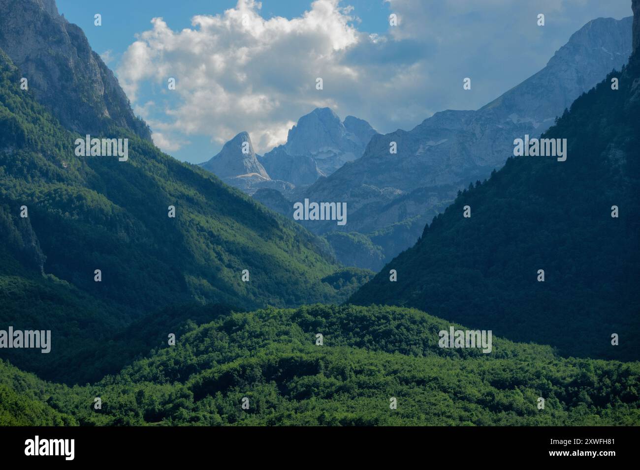 Maja E Harapit, the Albanian Matterhorn, seen from the Ropojana Valley ...