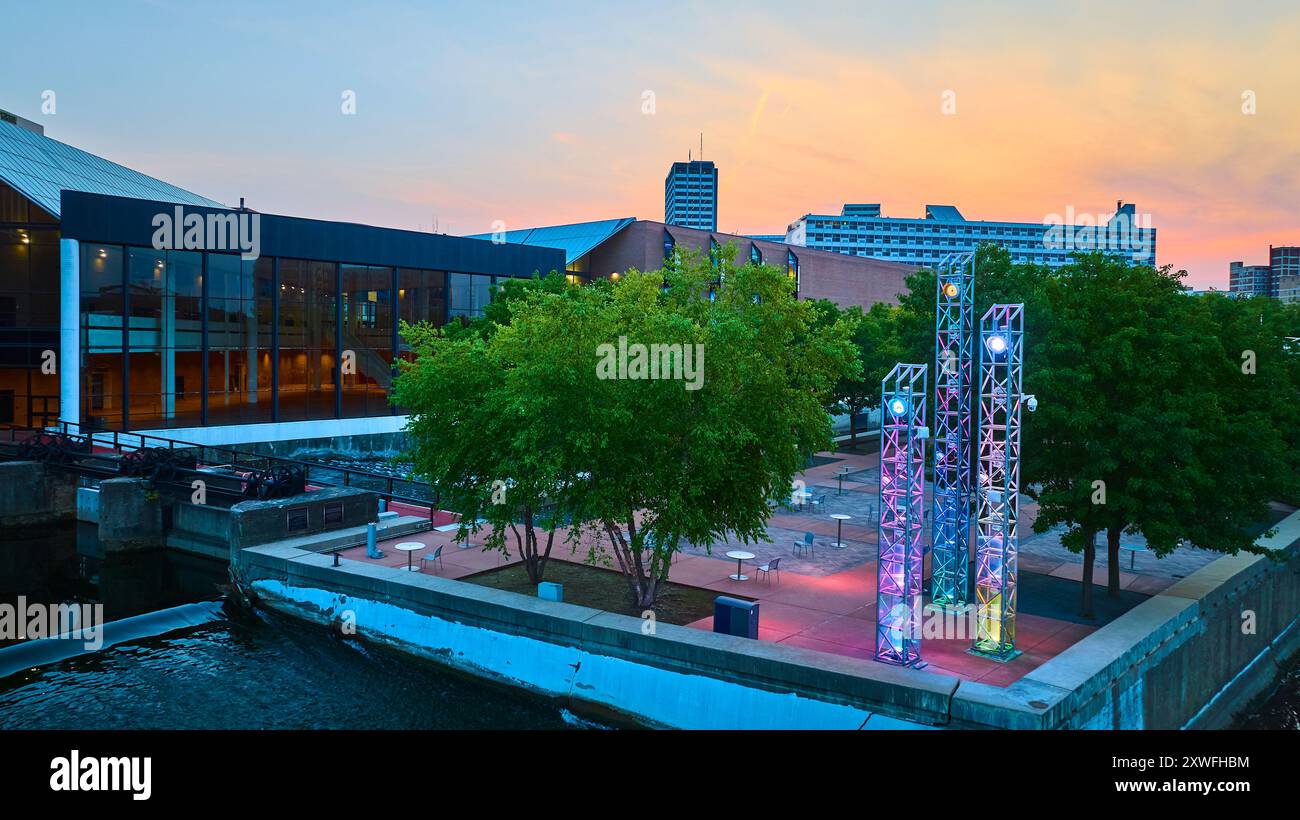Aerial View of Modern Building and Illuminated Towers at Dusk in South ...